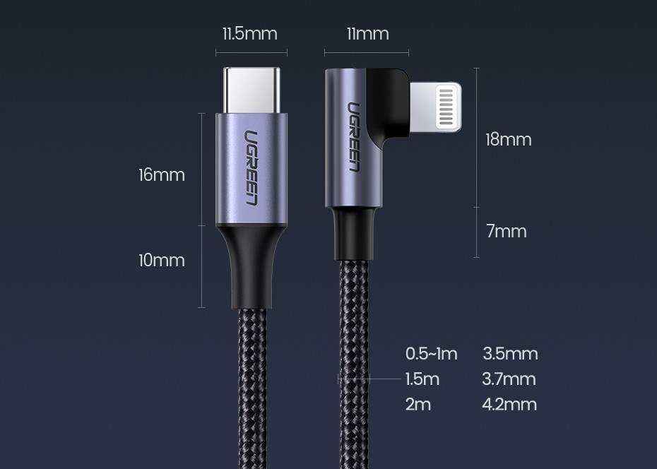 UGREEN 60765 USB-C to Lightning 90 Degree Cable 2M